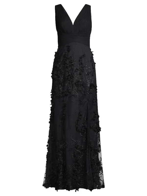 Aidan Mattox Flower Appliqué Mermaid Gown - Black