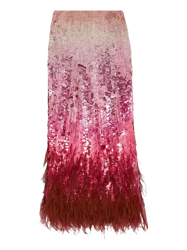 Valentino Garavani Feather-trimmed Sequined Satin Midi Skirt - Pink
