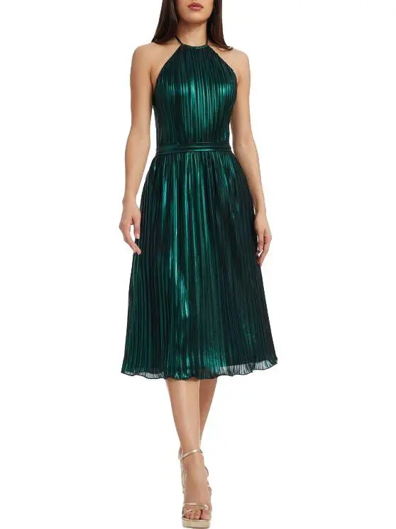 Dress The Population Hannah Pleated Metallic Halter Dress - Deep Emerald