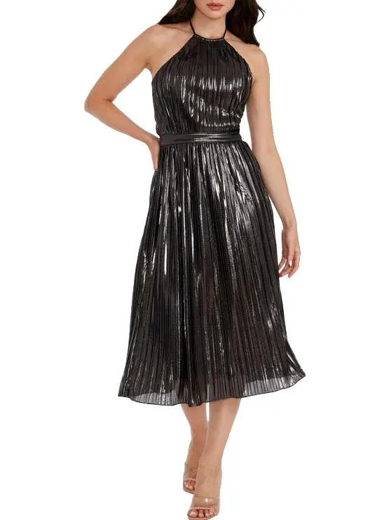 Dress The Population Hannah Pleated Metallic Halter Dress - Gunmetal