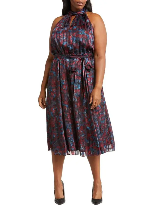 Anne Klein Floral Twist Neck Keyhole Midi Dress - Titian Red / Juniper Multi