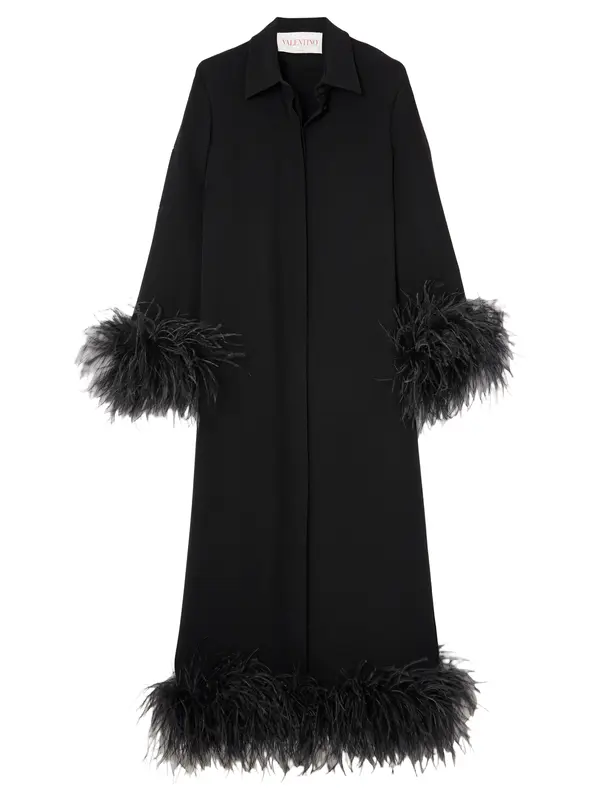 Valentino Garavani Feather-trimmed Silk Crepe De Chine Midi Shirt Dress - Black