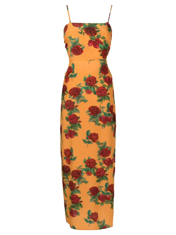 AMIR SLAMA Rose-print Silk Midi Dress - Orange