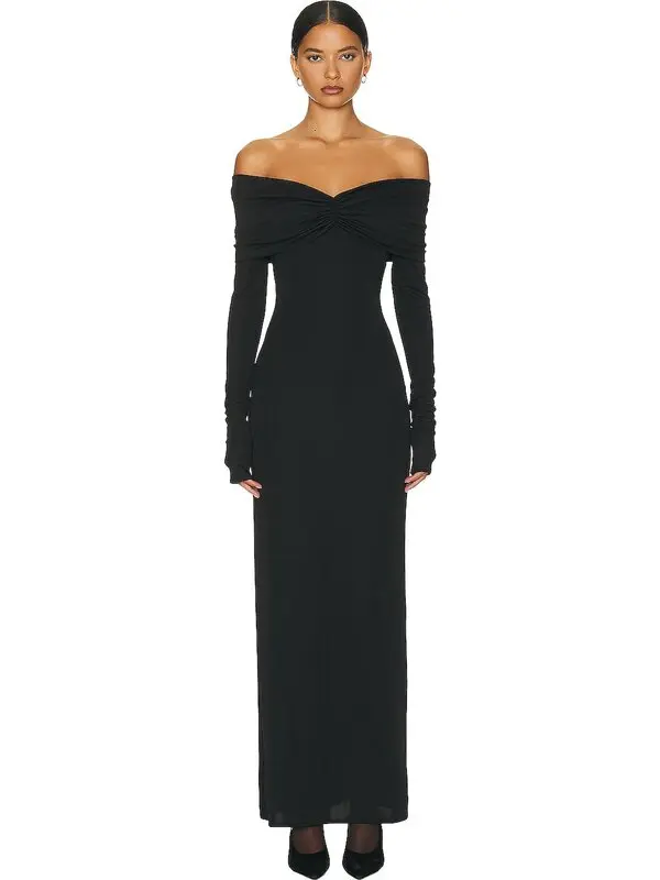 HELSA Matte Jersey Off Shoulder Maxi Dress - Black