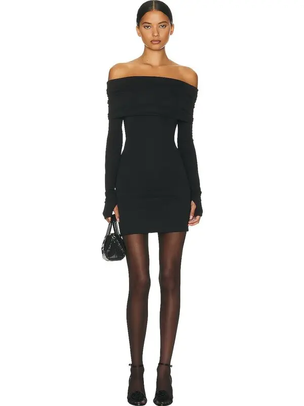 HELSA Matte Jersey Off Shoulder Mini Dress - Black
