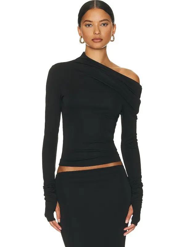 HELSA Matte Jersey Drape Shoulder Top - Black