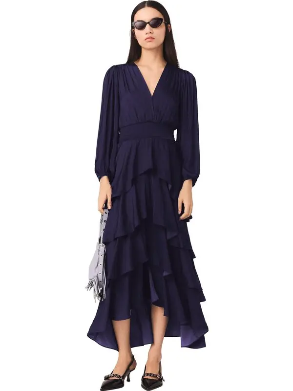 Maje Polyester Ruffled Maxi Dress - Navy