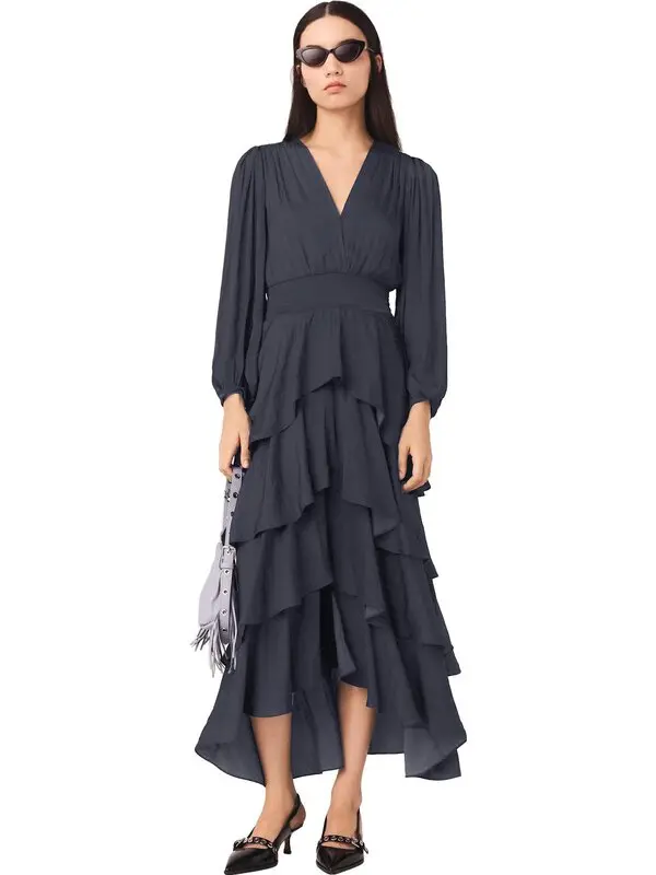 Maje Polyester Ruffled Maxi Dress - Navy