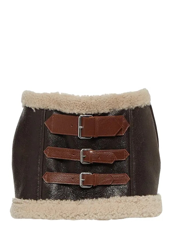 Blumarine Shearling-trimmed Leather Miniskirt - Brown