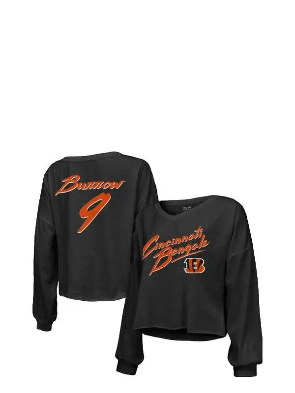 MAJESTIC THREADS Joe Burrow Cincinnati Bengals Name & Number Off-shoulder Script Cropped Long Sleeve V-neck T-shirt - Black