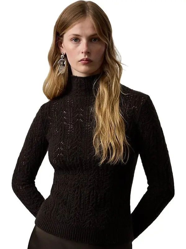 Ralph Lauren Cashmere Pointelle Funnelneck Sweater - Dark Brown