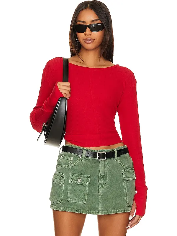 BOBI Cropped Long Sleeve Top - Pepper