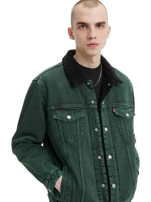 LEVI'S Relaxed Fit Sherpa Trucker Jacket - Washed Green Garment Dye