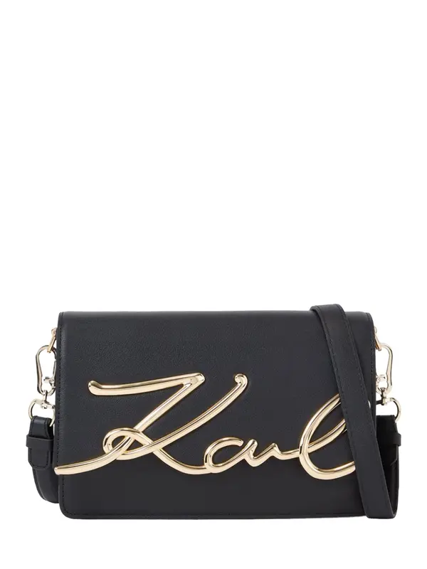 Karl Lagerfeld Signature Leather Shoulder Bag - Black