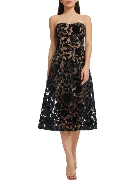 Dress The Population Sadie Floral Sequin Strapless A-line Dress - Black-beige