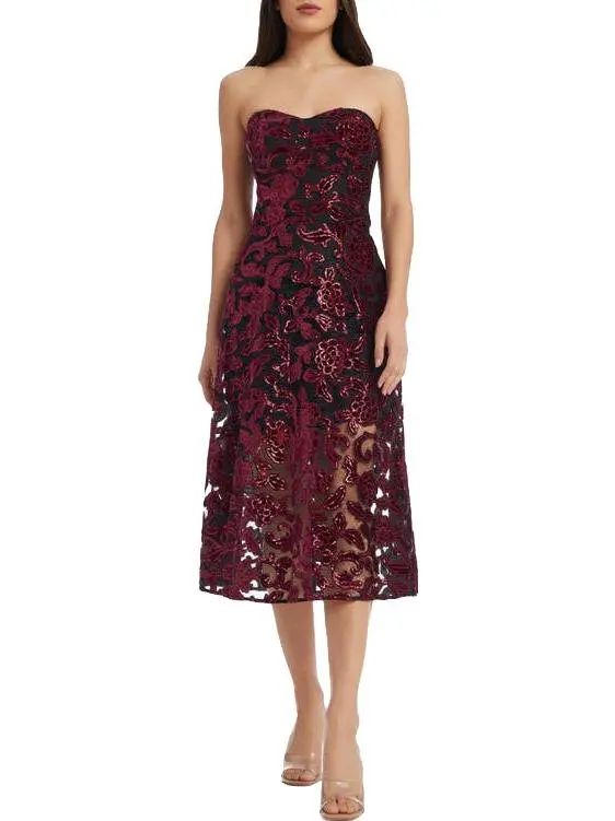 Dress The Population Sadie Floral Sequin Strapless A-line Dress - Burgundy-black