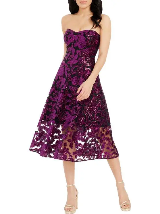 Dress The Population Sadie Floral Sequin Strapless A-line Dress - Midnight Plum-black