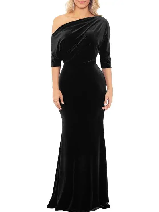 Betsy & Adam Drape One-shoulder Velvet Gown - Black