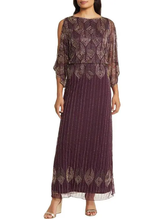 Pisarro Nights Beaded Cold Shoulder Dress - Wine