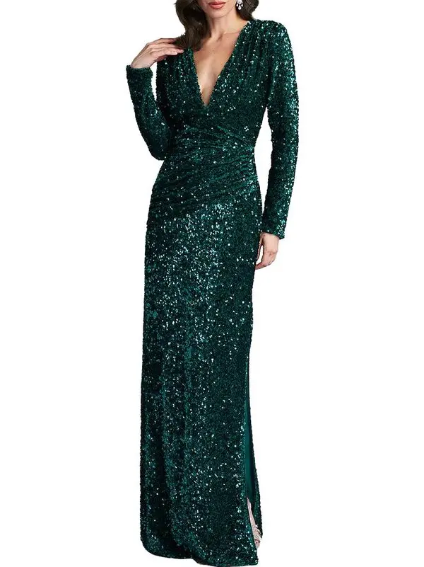 Tadashi Shoji Sequin Long Sleeve Gown - Jungle Green