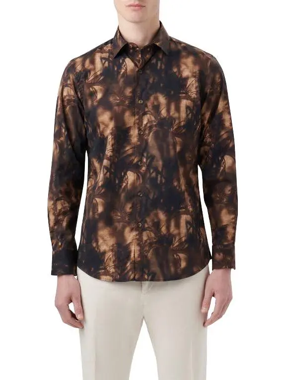 Bugatchi Julian Shaped Fit Shadow Print Stretch Cotton Button-up Shirt - Desert