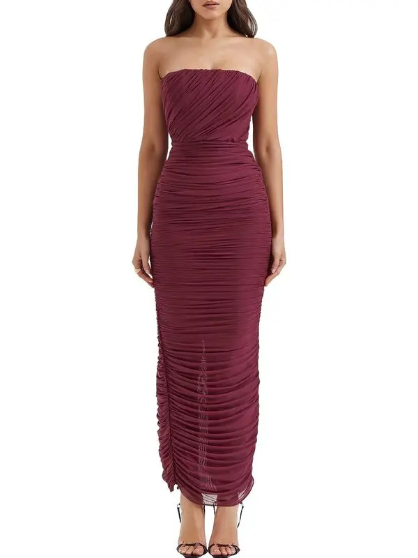 House Of Cb Gradient Color Strapless Mesh Gown - Windsor Wine