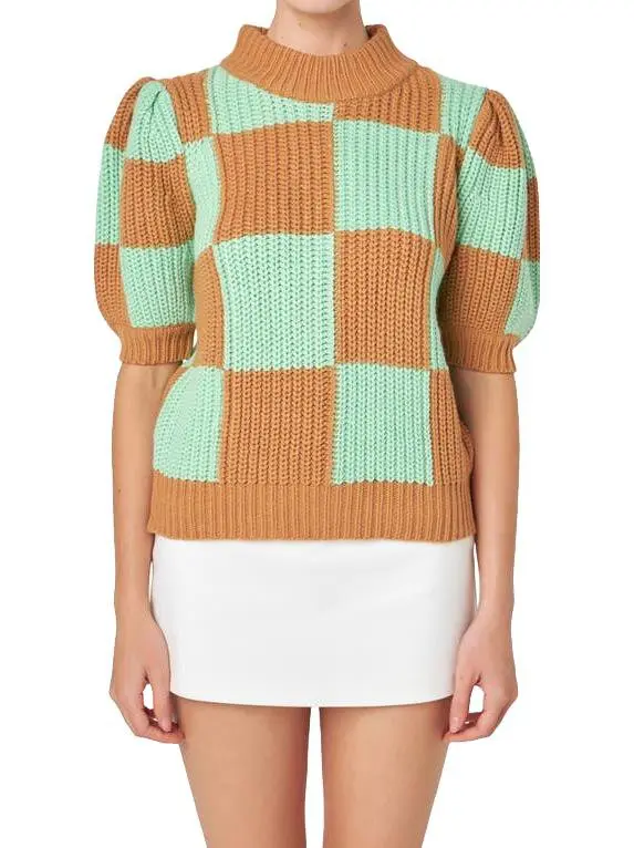 English Factory Check Pattern Shaker Stitch Sweater - Brown Green