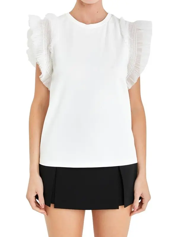 English Factory Mix Media Flutter Sleeve Knit Top - Off White
