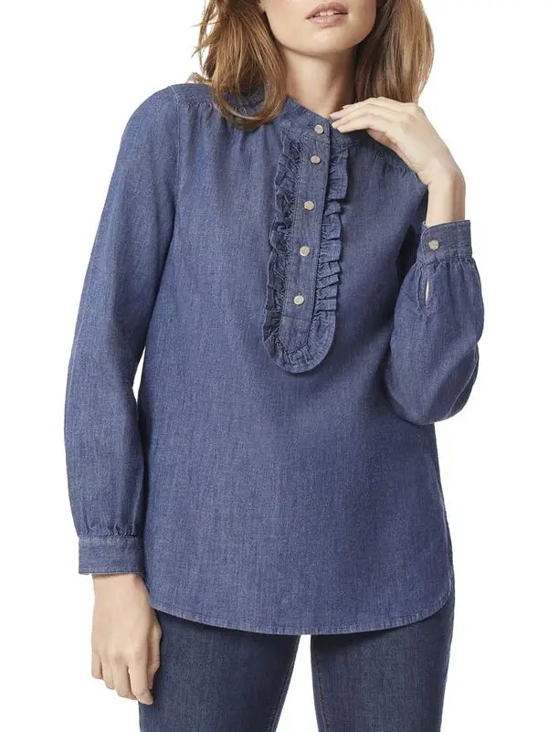 Jones New York Ruffle Placket Cotton Denim Tunic Top - Indigo Dark Wash