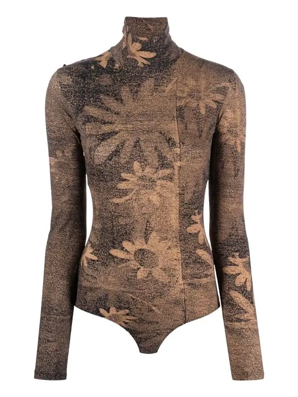 MAISON MARGIELA High Neck Floral Print Bodysuit - Brown
