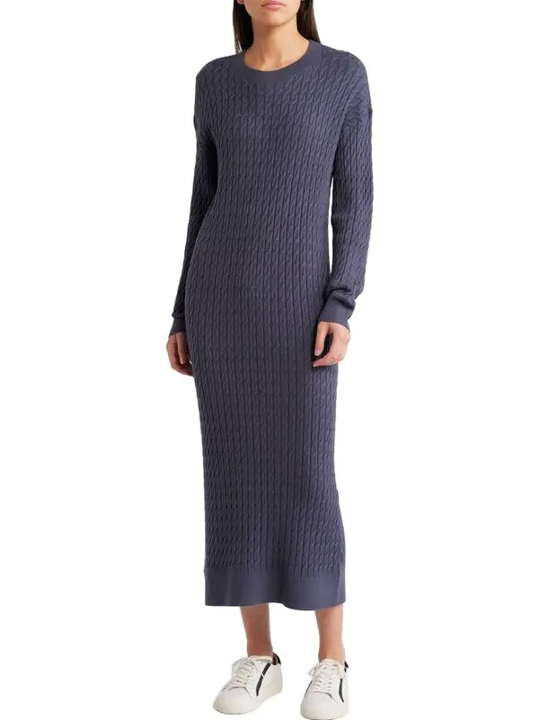 Treasure & Bond Cable Stitch Long Sleeve Midi Sweater Dress - Navy Armada
