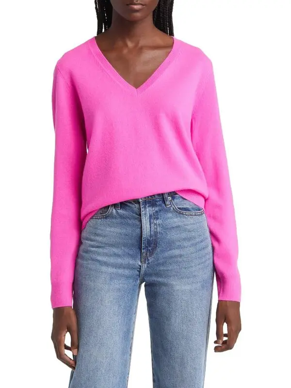 Nordstrom Cashmere V-neck Sweater - Pink Flash