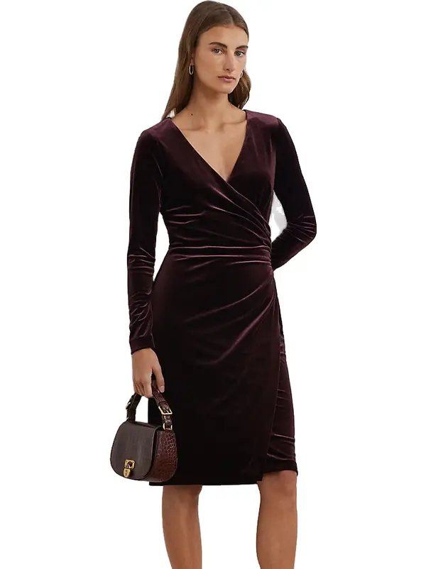 Ralph Lauren Stretch Velvet Surplice Dress - Royal Claret Velvet
