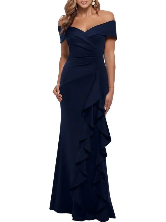 XSCAPE EVENINGS Ruffle Off The Shoulder Scuba Knit Gown - Midnight