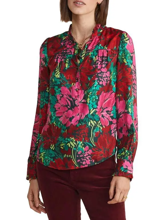 Vineyard Vines Ruffle Collar Silk-blend Popover Top - Brush Floral - Green