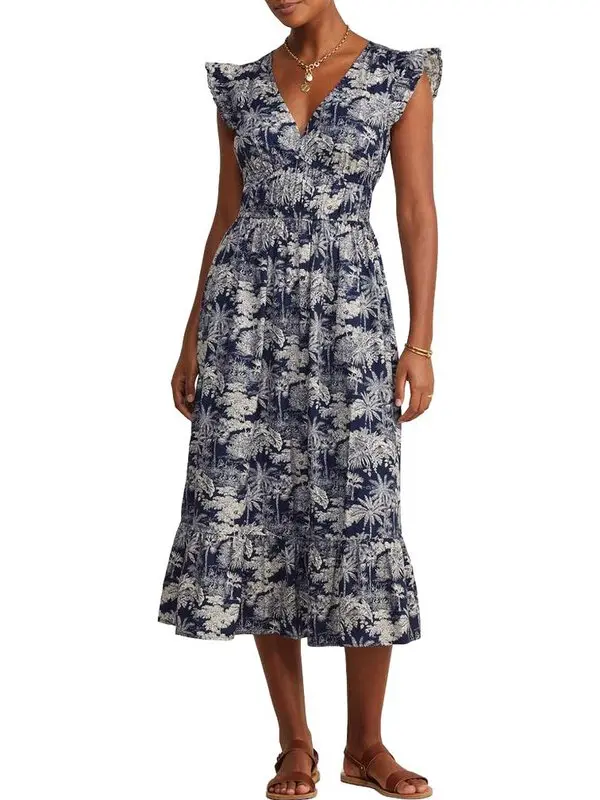 Vineyard Vines Ruffle Hem Cotton Stretch Poplin Dress - Toile- Nautical Navy