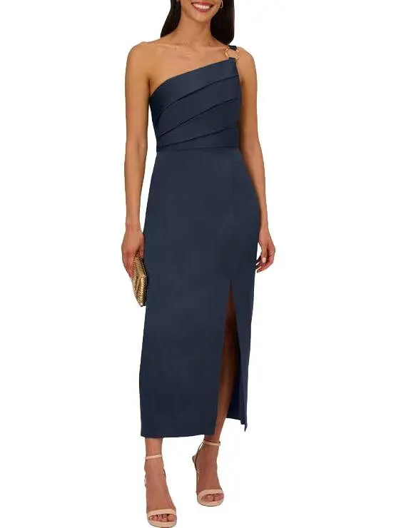 Adrianna Papell Pleated One-shoulder Cocktail Dress - Dark Navy