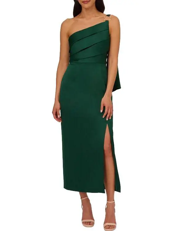 Adrianna Papell Pleated One-shoulder Cocktail Dress - Deep Forest