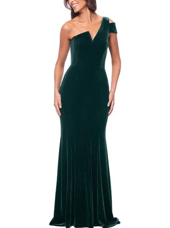 Betsy & Adam One-shoulder Velvet Mermaid Gown - Hunter