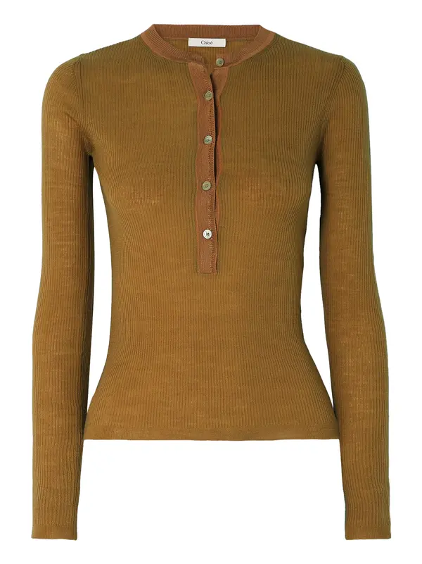 Chloé Ribbed Wool Henley Sweater - Brown