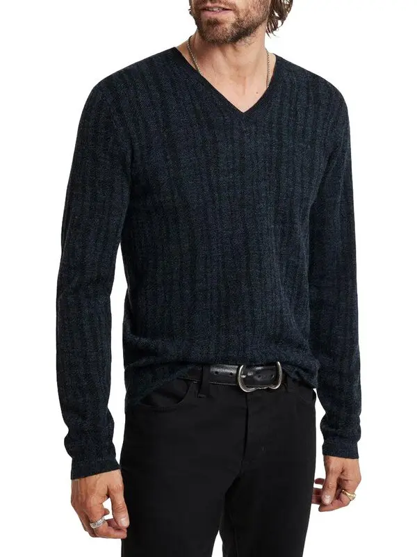 John Varvatos Bandera Rib Wool-blend V-neck Sweater - Navy