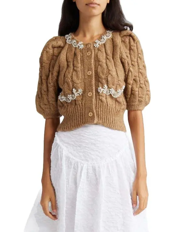 Simone Rocha Rhinestone & Imitation Pearl Detail Alpaca Blend Sweater - Camel/pearl/clear
