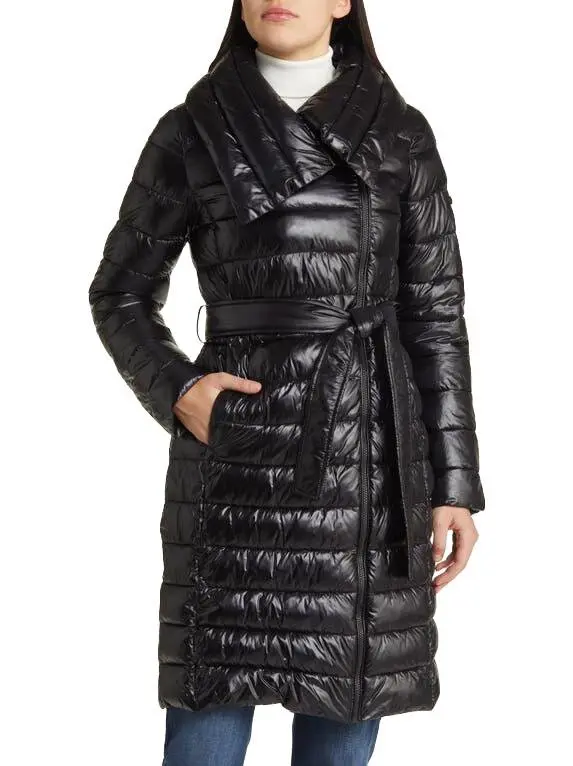 Via Spiga Asymmetric Belted Puffer Coat - Black