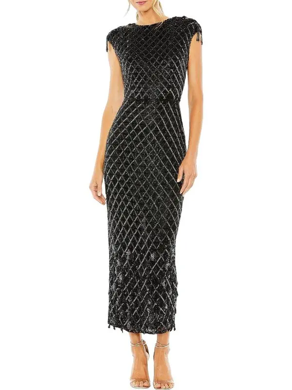 Mac Duggal Crystal Fringe Cap-sleeve Dress - Black