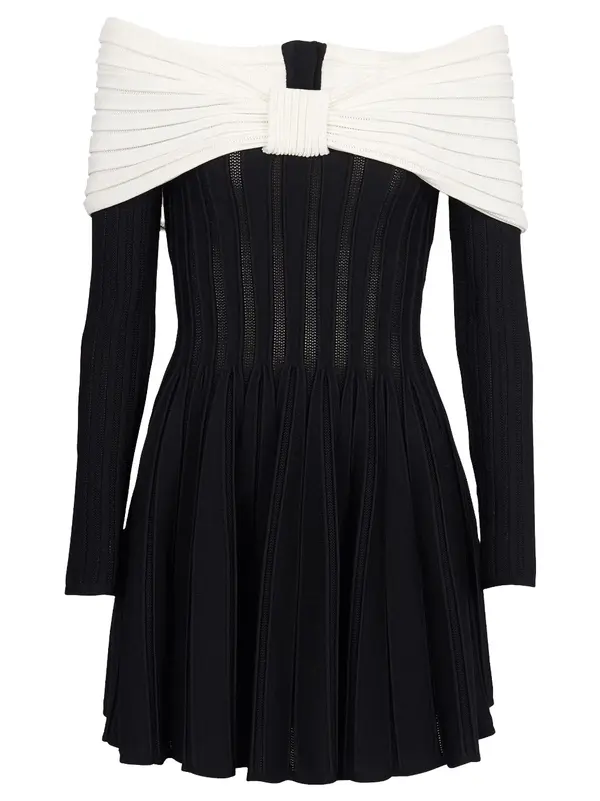 Balmain Off-shoulder Knitted Minidress - Black