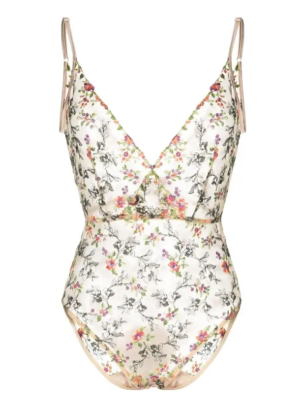 GILDA & PEARL Floral-embroidery Silk Bodysuit - Brown