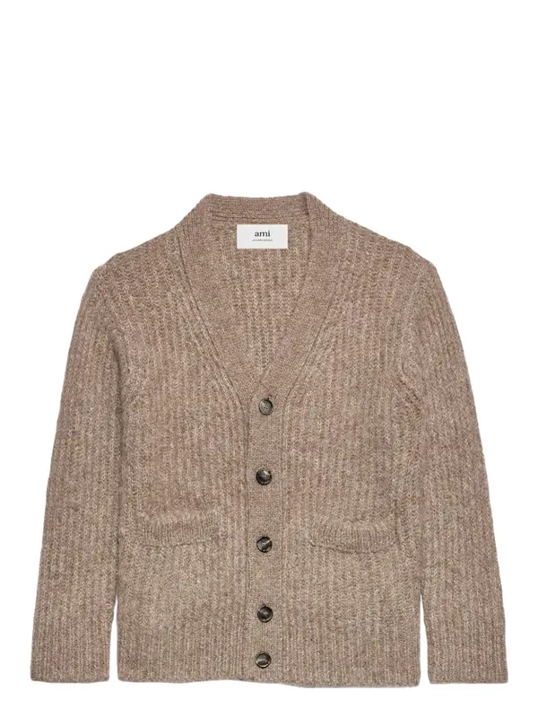 Ami V-neck Rib-knit Cardigan - Brown
