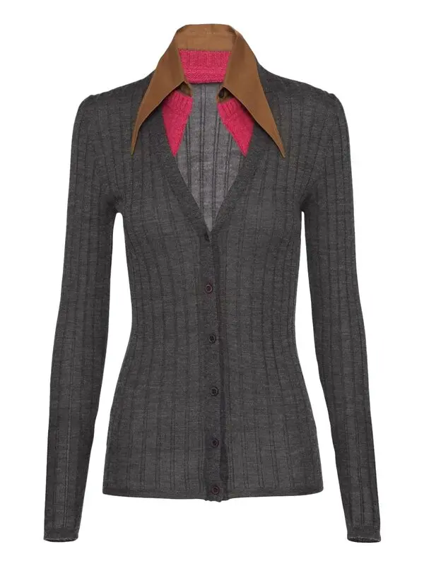 Prada Cashmere-silk Cardigan With Collar Detail - Grey