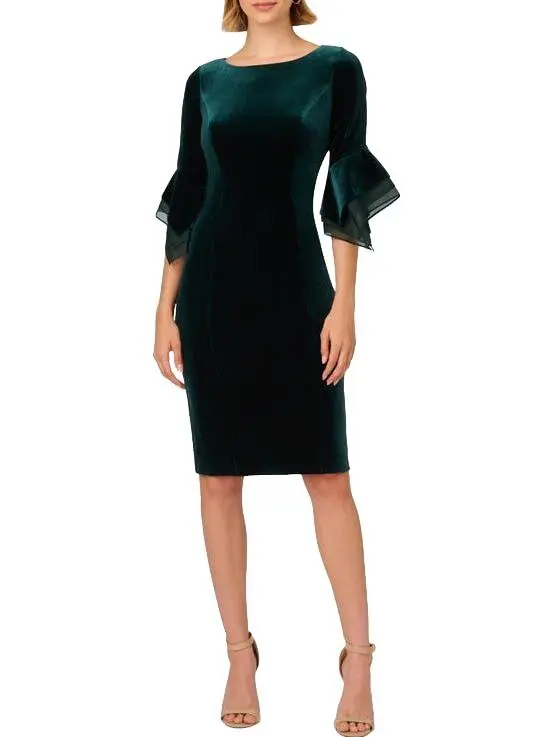 Adrianna Papell Velvet Bell Sleeve Sheath Dress - Hunter