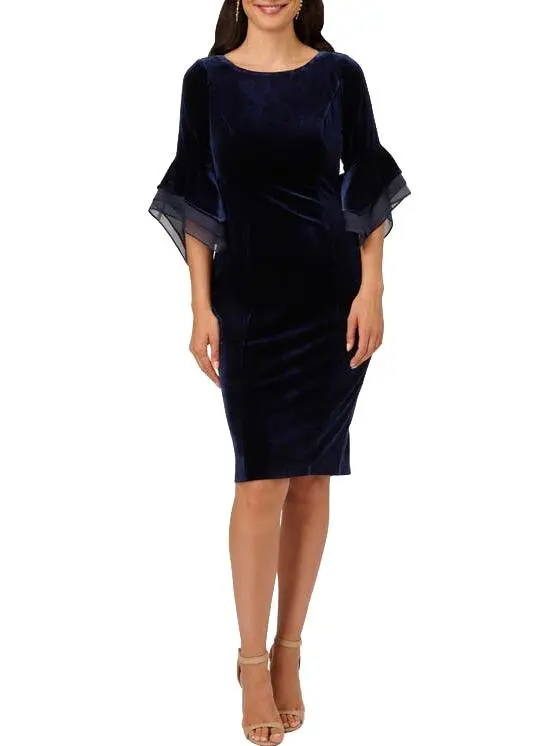 Adrianna Papell Velvet Bell Sleeve Sheath Dress - Midnight